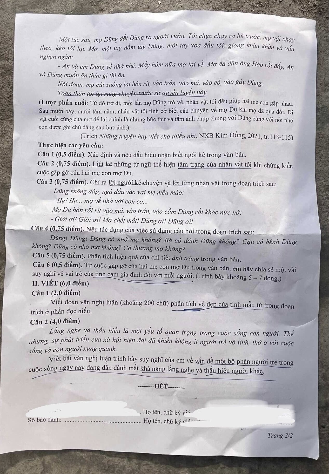 (MS274) Đề thi chính thức môn Ngữ Văn vào 10 Nam Định 2025 (đọc hiểu Mợ Du, NLXH Về vấn đề đánh ...
