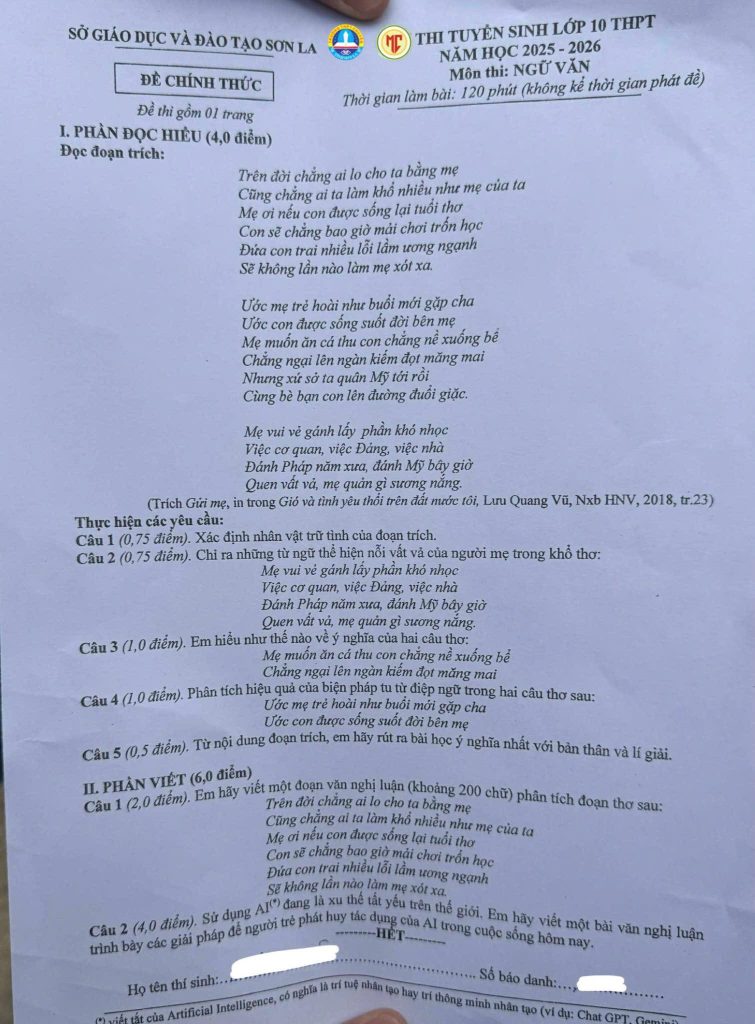 (MS297) Đề thi chính thức môn Ngữ Văn vào 10 tỉnh Sơn La 2025 (đọc hiểu Gửi mẹ, NLXH trình bày ...